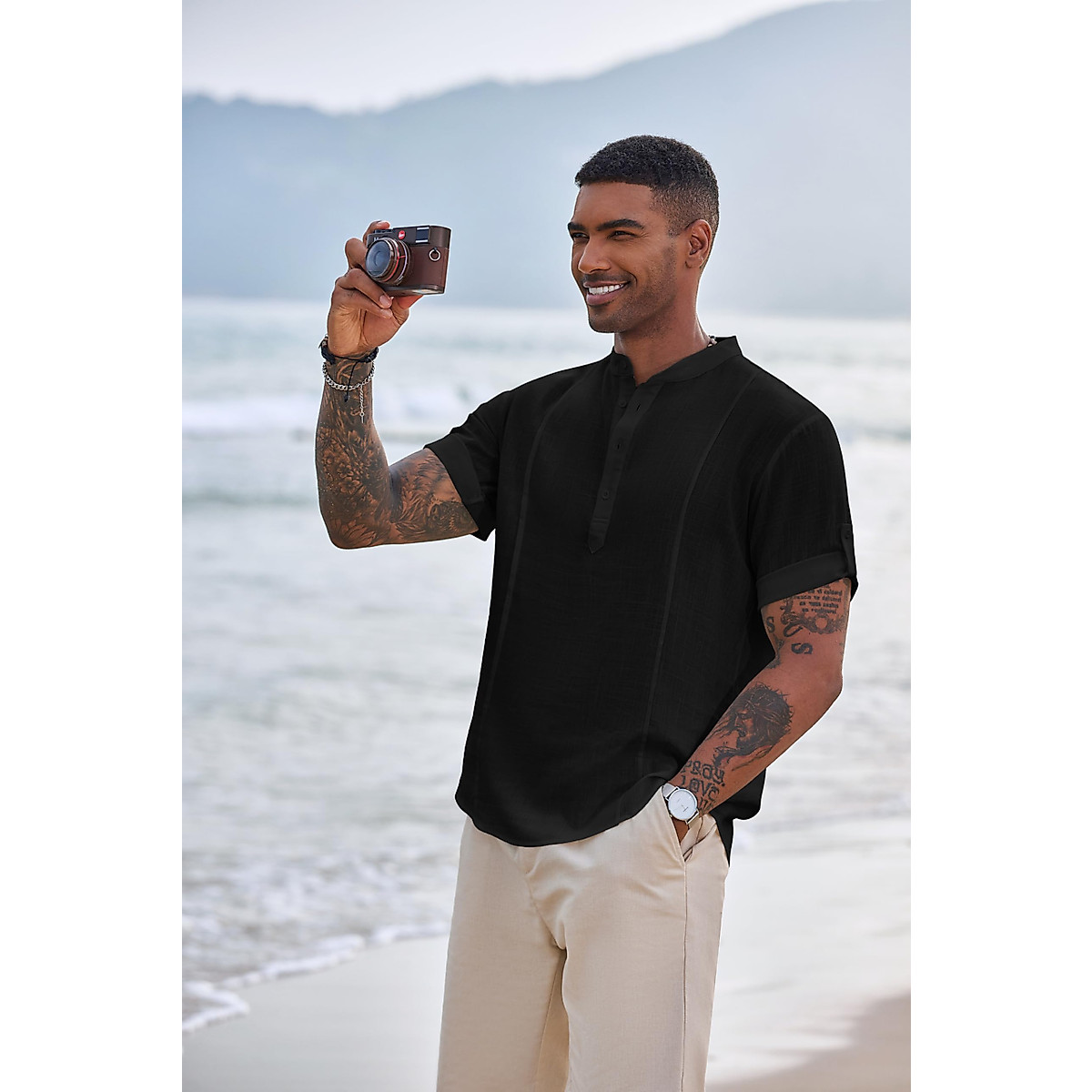 COOFANDY Men's Henley T-Shirts Short Sleeve Casual Band Collar Black Shirts Fashion Linen Tee Summer Beach Hippie Party Wear