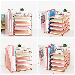 LEKETREE Desk Organizers and Accessories, 5-Tier Paper Letter Tray Organizer with File Holder, Office Supplies for Women, Desk Accessories & Workspace Organizers(Rose Gold)