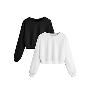 Verdusa Women's 2 Pack Long Sleeve Round Neck Crop Sweatshirt Top Black and White M