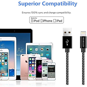 sharllen iPhone Cable 5Pack 3FT/6Foot/10Feet MFi Certified Nylon Braided Fast USB Charging&Syncing Charger Cord Wire Lightning Cable Compatible iPhone11/XS/Max/XR/X/8P/7Plus/6s P/6/6P/iPad/iPod Black