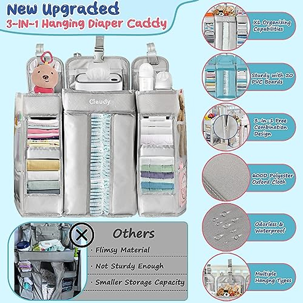 CIEUDY 3-in-1 Hanging Diaper Organizer Storage for Baby, Hanging Diaper Organizer for Changing Table, Playard, Wall & Door, Gifts for New Mom after Birth（Included High Contrast Baby Book）