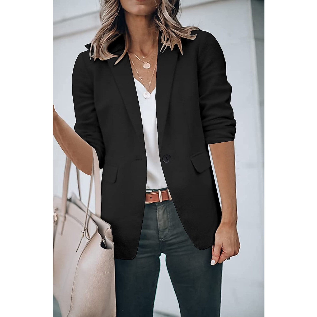 HOTOUCH Womens Casual Blazers 3/4 Stretchy Ruched Sleeve One Button Work Office Blazer Open Front Jacket S-XXXL Black