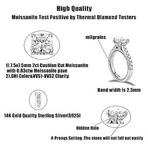 DovEggs Moissanite Engagement Rings for Women 2ct 7.5x7.5mm G-H-I Color Cushion Lab Created Diamond Moissanite Hidden Halo Wedding Rings accents 14k Gold Quality Sterling Silver(6)