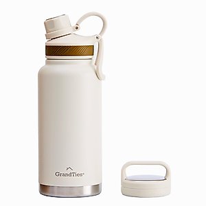 GRANDTIES 2 Lids Sports Stainless Steel Water Bottles – Wide Mouth Vacuum Insulated Reusable Leak Proof BPA-Free Travel Metal Canteen, Thermos Bottles for Men Women Gym (Ivory White 32 oz)