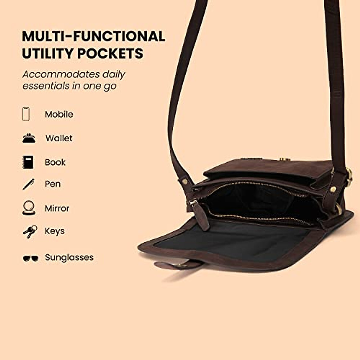 ESTALON Crossbody Bags for Women - Real Leather Multi Pocket Travel Purse and Sling Bag (Mocha)