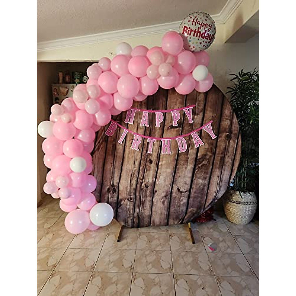 Leowefowa Rustic Wood Round Backdrop Cover(without stand) 7x7ft Polyester Wood Birthday Background for Photo Girl Boy Birthday Baby Shower Gender Reveal Party Banner Bridal Shower Grad Prom Photo Prop