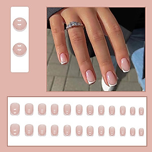 BFY French Press on Nails Short Square Fake Nails, Classic White French Tip Acrylic Nails, Glitter Nude Glossy Gel False Nails Kits Salon Quality Stick Glue on Nails Tip 24 Pcs