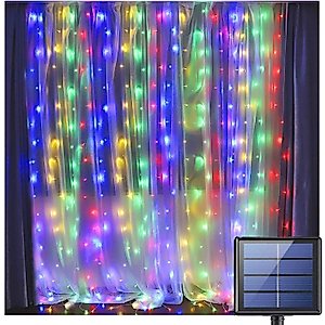 Solar Curtain String Lights Outdoor, AMZSTAR Waterproof 300LED Fairy Window String Lights Twinkle Solar Lights 8 Modes Wedding Party Home Garden Bedroom Outdoor Indoor Wall Decorations (Multicolor)
