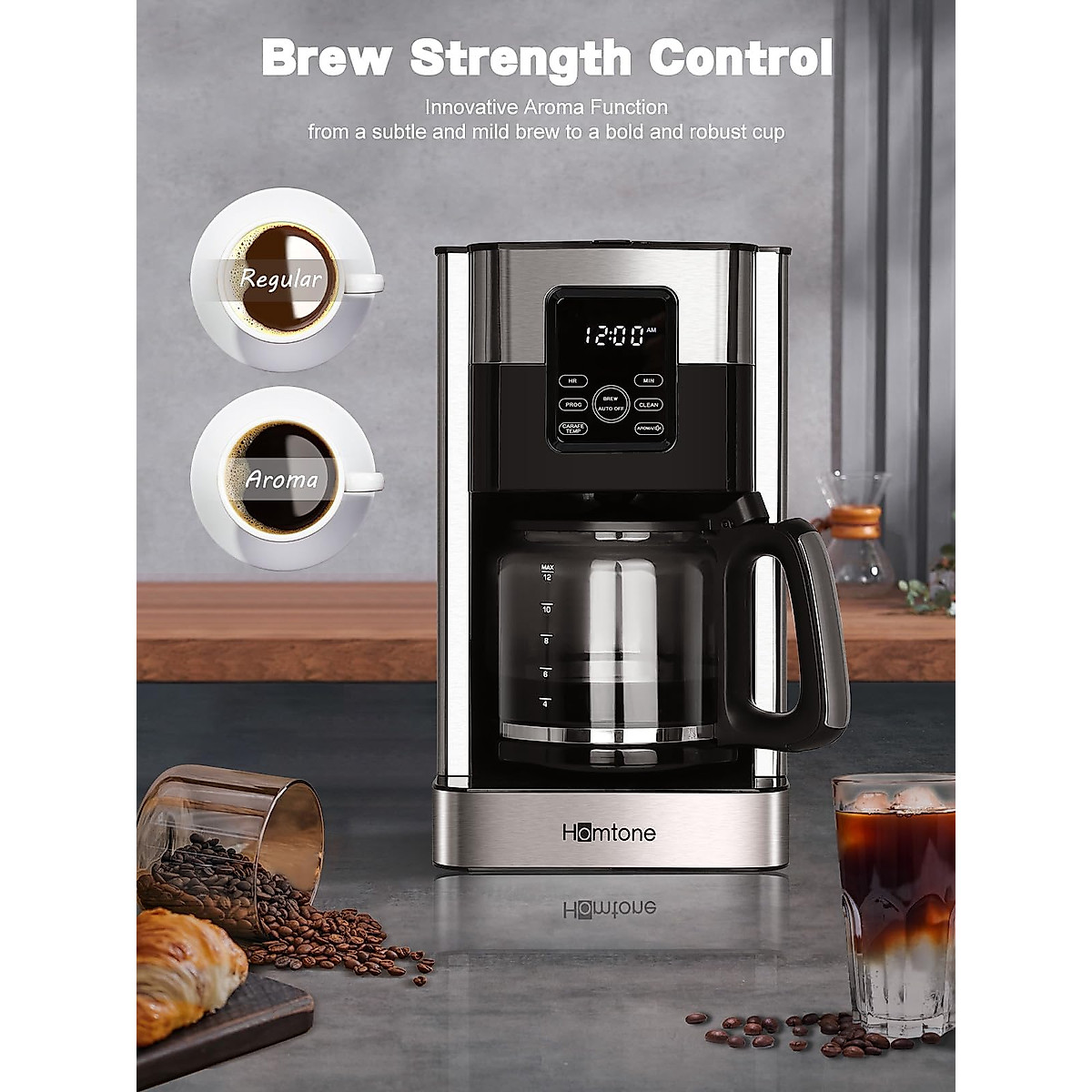 Homtone Coffee Maker 12 Cup Programmable, Anti-Drip Digital Coffee Machine, Brew Strength Control Coffee Maker for Hot Coffee, Stainless Steel, LCD Touch Screen, Permanent Filter, 1000W