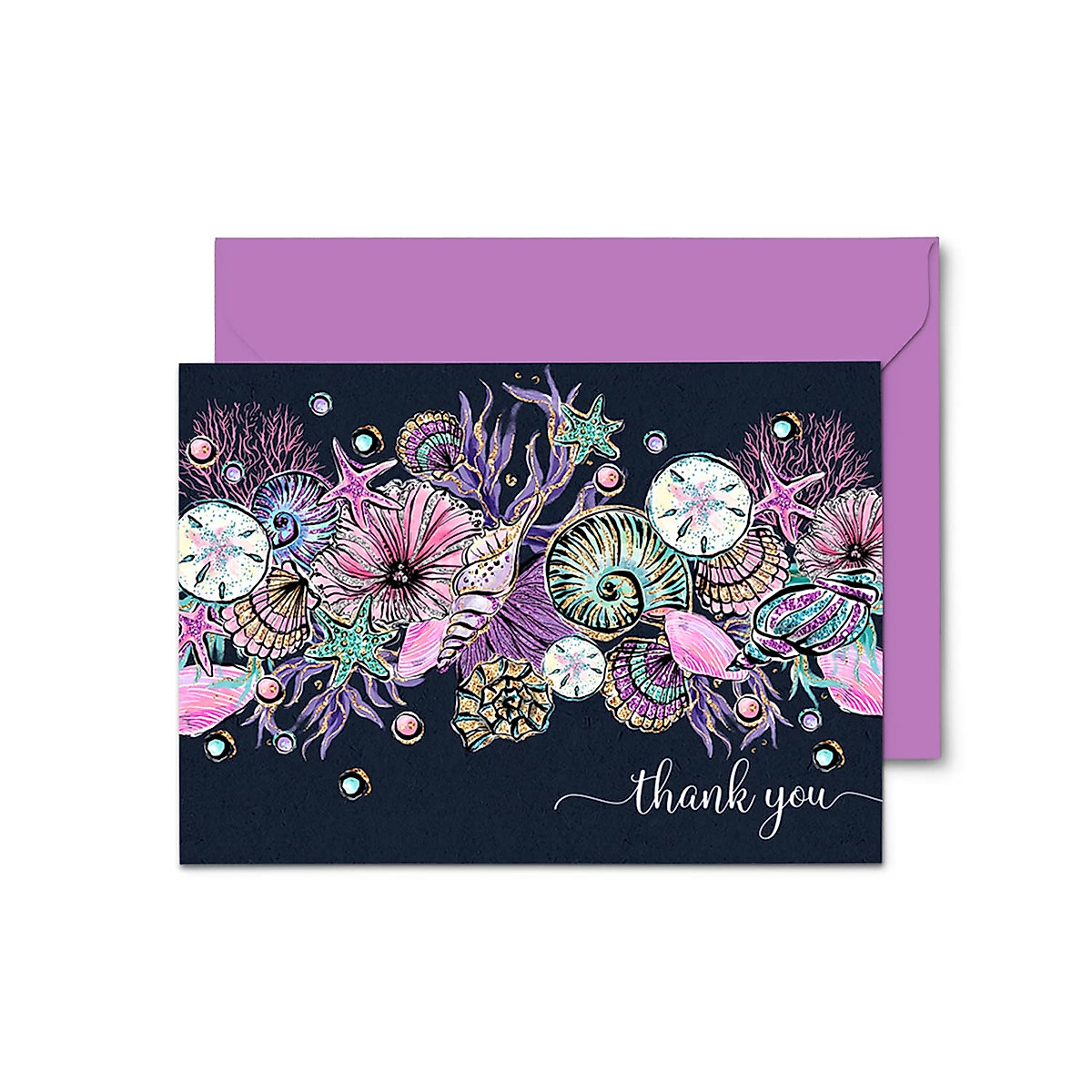 Paper Clever Party Enchanting Seashell Thank You Cards with Purple Envelopes for All Occasions, Showers, Wedding, Everyday Essentials, Simple Mermaid Note Set Folded, 20 Pack