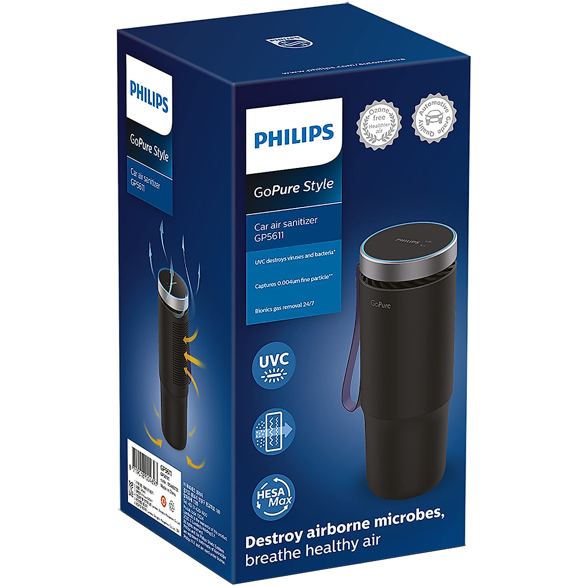Philips GoPure GP5611 Small Portable HEPA Air Purifier with LED UVC Purification, for Car, Truck, RV/Camper, Reducing Allergens, Bad Smells, Smoke, Pet Odors, Bacteria, Viruses,Black