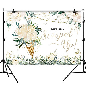 Rsuuinu Ice Cream Bridal Shower Backdrop She's Been Scooped Up White Flowers Green Leaves Photography Background Bridal Shower Party Decorations Cake Table Banner Supplies Photo Booth Props 7x5ft