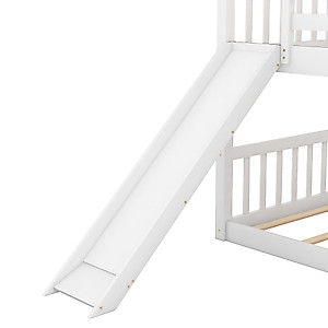 Harper & Bright Designs Low Bunk Beds with Slide, Solid Wood Twin Over Twin Bunk Beds Frame with Ladder, Safety Guardrail, Twin Size Floor Bunk Bed for Kids, Teens, White