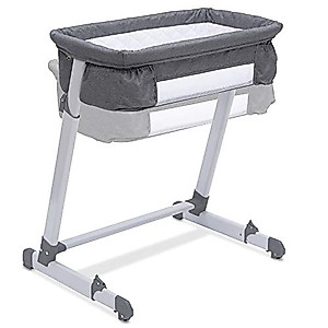 Simmons Kids By The Bed City Sleeper Bassinet - Adjustable Height Portable Crib with Wheels & Airflow Mesh, Grey Tweed