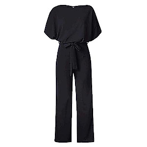 Happy Sailed Women Casual Loose Short Sleeve Belted Wide Leg Pant Romper Jumpsuits Medium Black