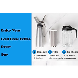 JILLMO Nitro Cold Brew Coffee Maker, 32oz Mason Jar Cold Brew Pithcer, Aluminum Dispenser Bottle with Nitro Diffuser Nozzle, N2 Cartridges NOT INCLUDED.