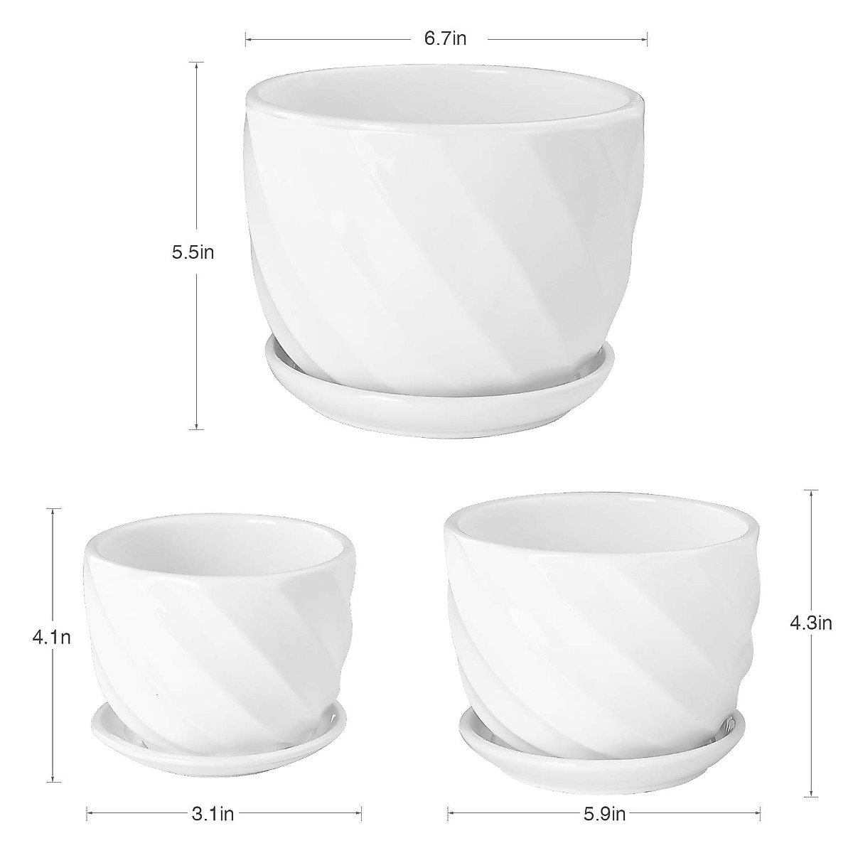YINGERHUAN Set of 3 Ceramic Plant Pot - Flower Plant Pots Indoor with Saucers,Small to Medium Sized Round Modern Ceramic Garden Flower Pots (White)