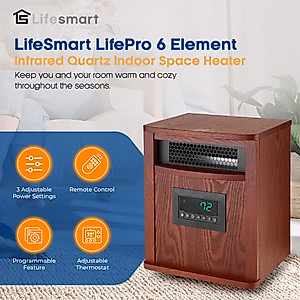 LifeSmart LifePro Electric Space Heater, 1500W Portable Infrared Quartz Heater with Remote, Brown