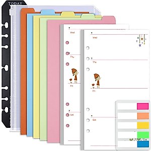 Rancco A6 Planner Inserts Weekly Planner Refills, 90 Pages Colorful 6-Ring Loose-leaf Paper Binder Inserts w/Divider, PVC Pouch, Ruler, Index Tab for Journal, Filofax, Double-sided, Undated, 6.9x3.7"