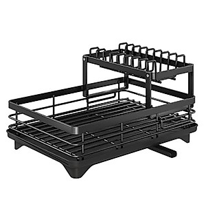 Dish Drying Rack, Dish Racks for Kitchen Counter, Kitchen Organizers and Storage Rack with Drainboard and Cutlery Holder (Black,Double-Layer Standard Version)
