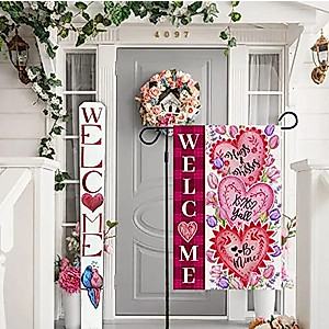 Baccessor Valentine's Day Love Heart Hugs Kiss Be Mine Tulip Garden Flag Double Sided Spring Burlap Flag Anniversary Wedding Yard Outdoor Seasonal Decoration 12x18 Inch