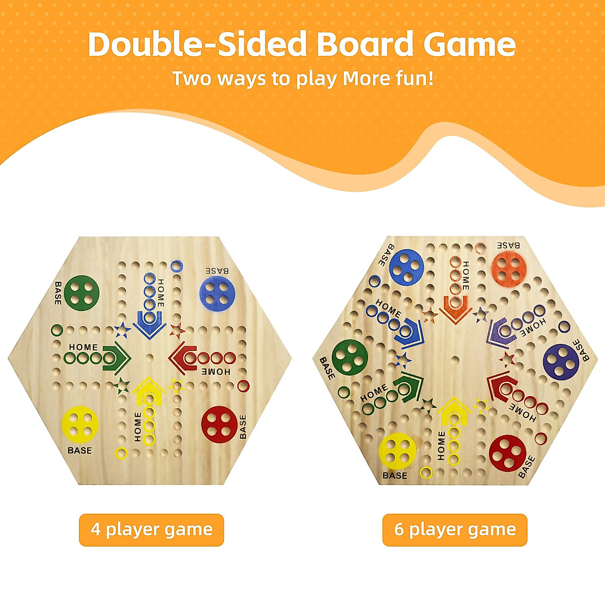 Wooden Board Game, Original Marble Game Board Game Double Sided Painted 2 to 6 Player Fast Track Board Game Wooden with 6 Colors 24 Marbles 6 Dice for Adults Kids Family