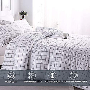 Andency White Grid Comforter Set Twin Size (66x90 Inch), 2 Pieces(1 Grid Comforter and 1 Pillowcase), Summer Lightweight Microfiber Down Alternative White Comforter with Black Lines for Kids Girls
