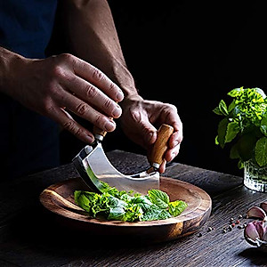 Navaris Cutting Board & Mezzaluna Knife - Wooden Chopping Board & 2-Bladed Curved Herb Cutter - Round Acacia Wood Board & Double Blade Rocker Chopper