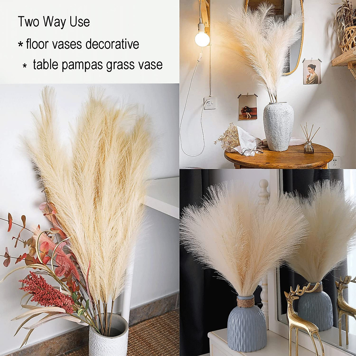 PEMUISE Pampas Grass Decor Tall 43'' 4pcs Pompous Grass Artificial Flowers Faux Pampas Grass Decor Plants Tall Bohemian Style Vase Filler Pampas Grass Branches for Home Office Decor (Beige)