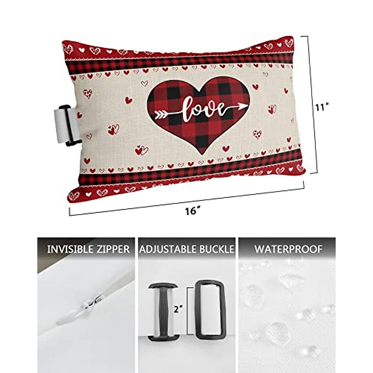 Recliner Head Pillow Ledge Loungers Chair Pillows with Insert Love Heart Black and Red Buffalo Plaid Lumbar Pillow with Adjustable Strap Outdoor Waterproof Patio Pillows for Beach Pool Chair, 2 PCS