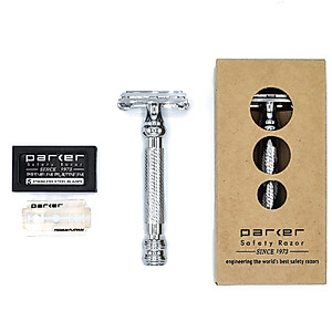 Parker 99R Chrome Long Handle Heavyweight Butterfly Open Double Edge Safety Razor for Men, 5 Parker Premium Platinum Double Edge Razor Blades Included