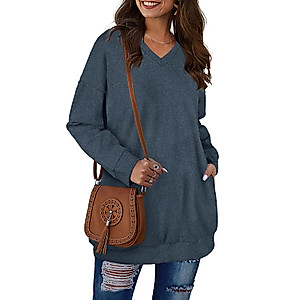 OFEEFAN Women Sweatshirts Long Sleeve V-Neck Fall Tops for Women Blue XXL