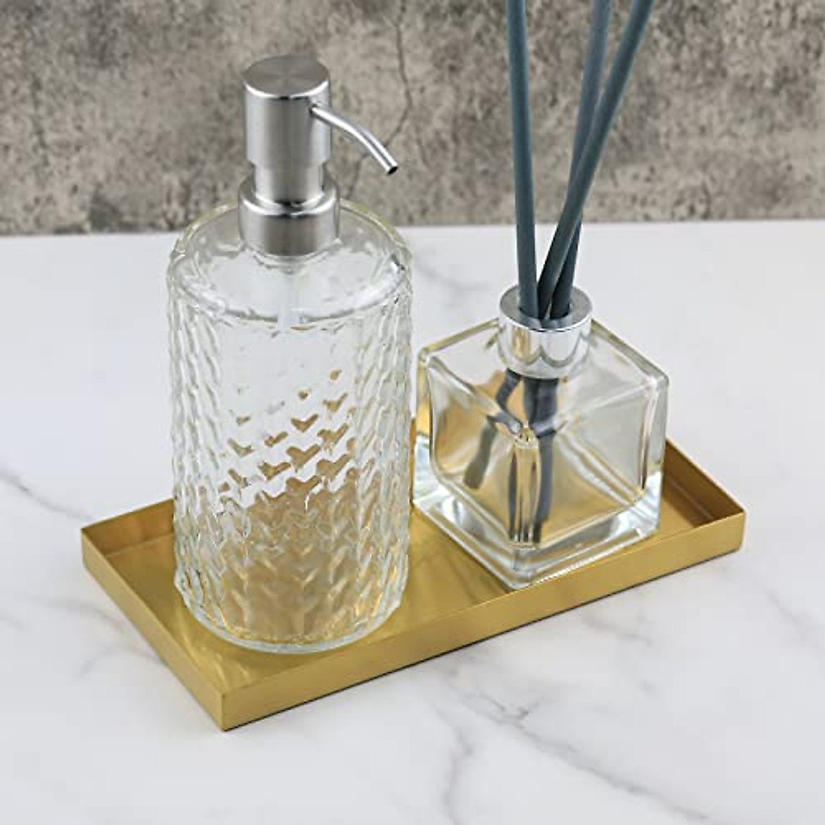 FREELOVE Sanding Gold Decorative Tray with Lettering, Perfume Organizer Jewelry Holder Makeup Plate Centerpieces for Vanity Dresser Coffee Table Nightstand Counter Bathroom Sink Desk Decor (4''X8'')