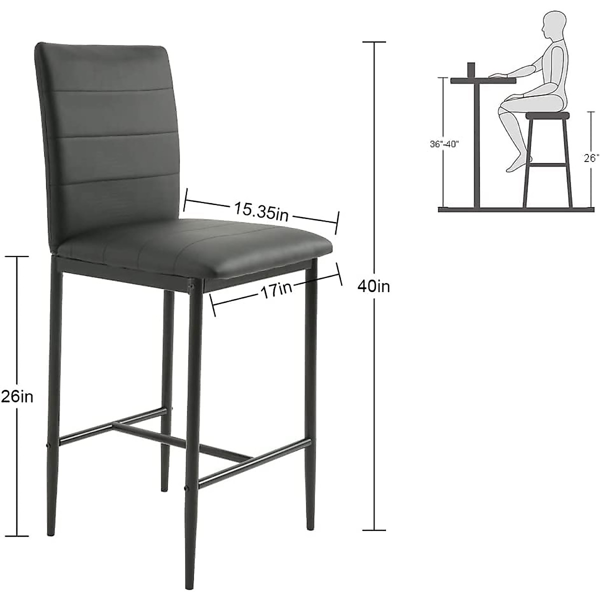 Modern Leather Bar Stools Set of 4 - Counter Height Industrial Bar Stools for Kitchen Island - High Dining Room Chairs with Soft Back Patio Furniture Chairs for Home Garden Pub Bar Backyard (Black)