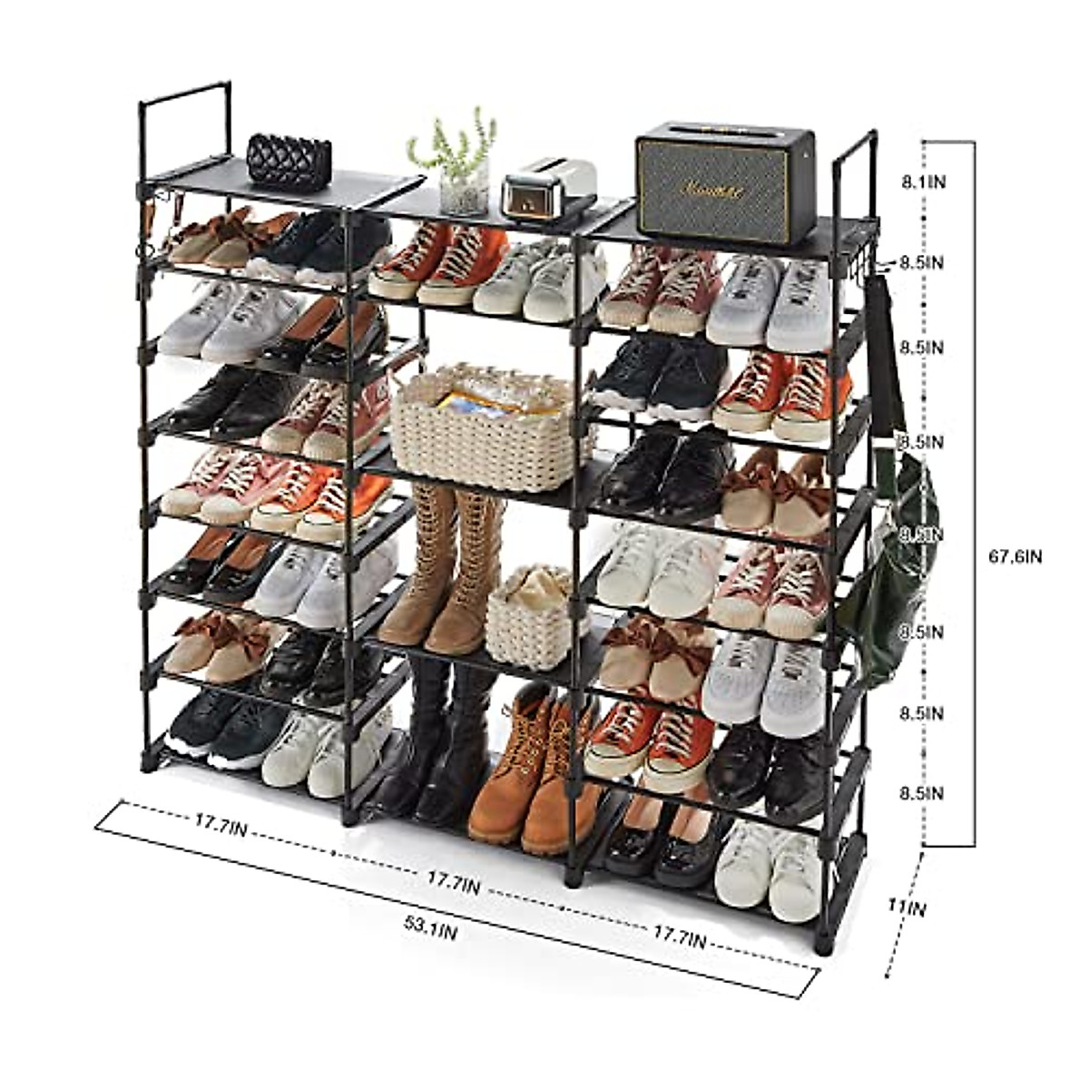 EXQ Home Black Metal Shoe Rack for Closet,8 Tiers Free Standing Shoe Racks for Entryway with Side Hooks,50 Pairs Shoe Rack and Boots Shelf, Tall Shoe Organizer for College Dorm, Door and Garage
