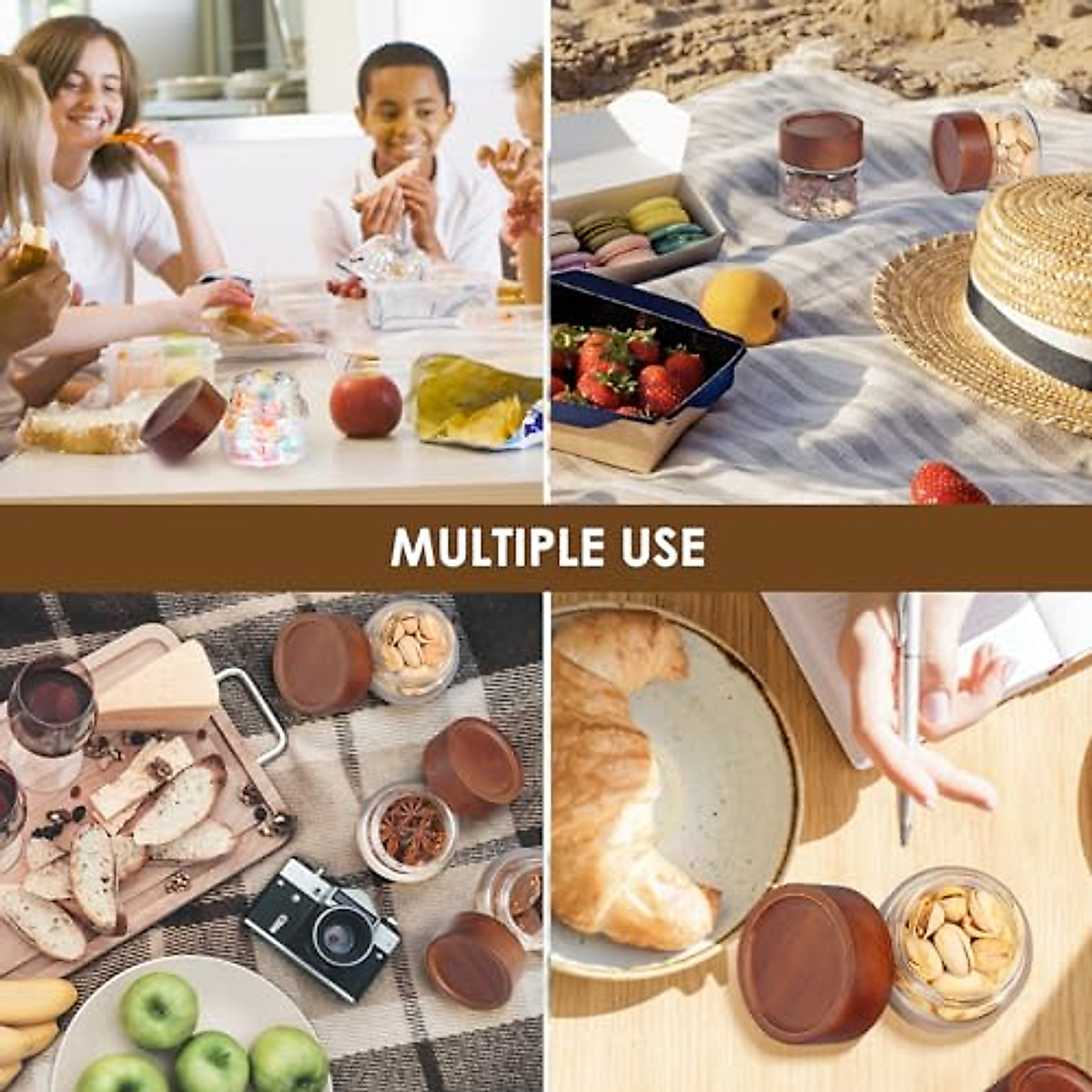 DOPHCOZFFY Salad Dressing Container To Go, 4.2 oz Glass Small Condiment with Lids, Dipping Sauce Cups Set, Leakproof Reusable for Lunch Box Work Trip (Bamboo and wood glass jar 4PCS)