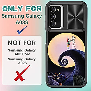 Joyleop (2in1 for Samsung Galaxy A03S Case Cartoon Cute Moon CP for Girls Pretty Women Teen Kids Girly Phone Covers Black Pattern Design with Slide Camera Cover+Ring Holder for Galaxy A03S 6.5”