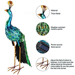 chisheen Outdoor Solar Peacock Statue Garden Decor Metal Yard Art for Lawn Backyard Party Wedding Decoration