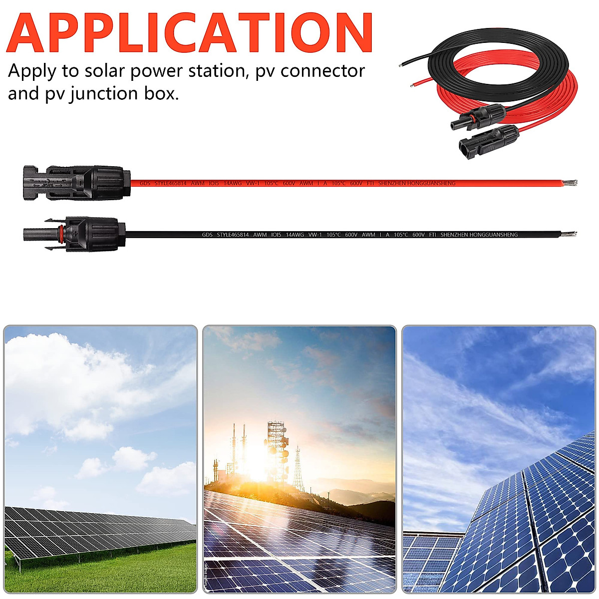 SinLoon 14AWG Solar Extension Cable,1 Pair 14 Gauge PV Solar Panel Bare Cord IP67 Waterproof Male to Female Solar Power Cable with 2 O Ring Terminal,for Solar Panel Wire (14AWG 10 FT)