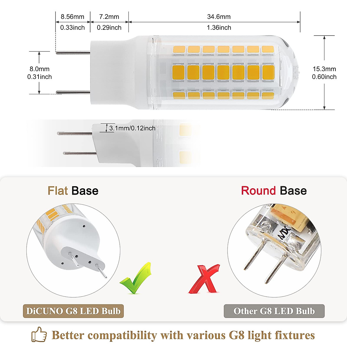 DiCUNO G8 Dimmable LED Bulb Flat Base 4W (40W Halogen Equivalent), Warm White 3000K, 450LM, Bi Pin Base Bulb Replacement for Under Counter, Under-Cabinet Light and Puck Light, 6 Pack