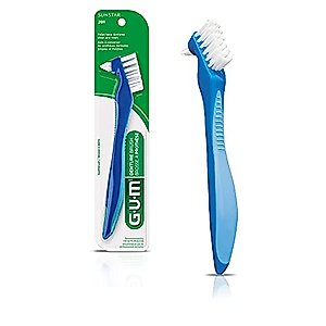 GUM Denture Brush - Dual Headed Hard Bristle Toothbrush for Dentures & Acrylic Retainers - Dentist Recommended Denture Cleaner (Pack of 1)