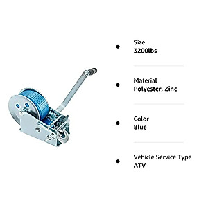 3200lbs Hand Crank Winch with Hook Polyester Blue Webbed Strap 2 Gear ATV Boat Trailer