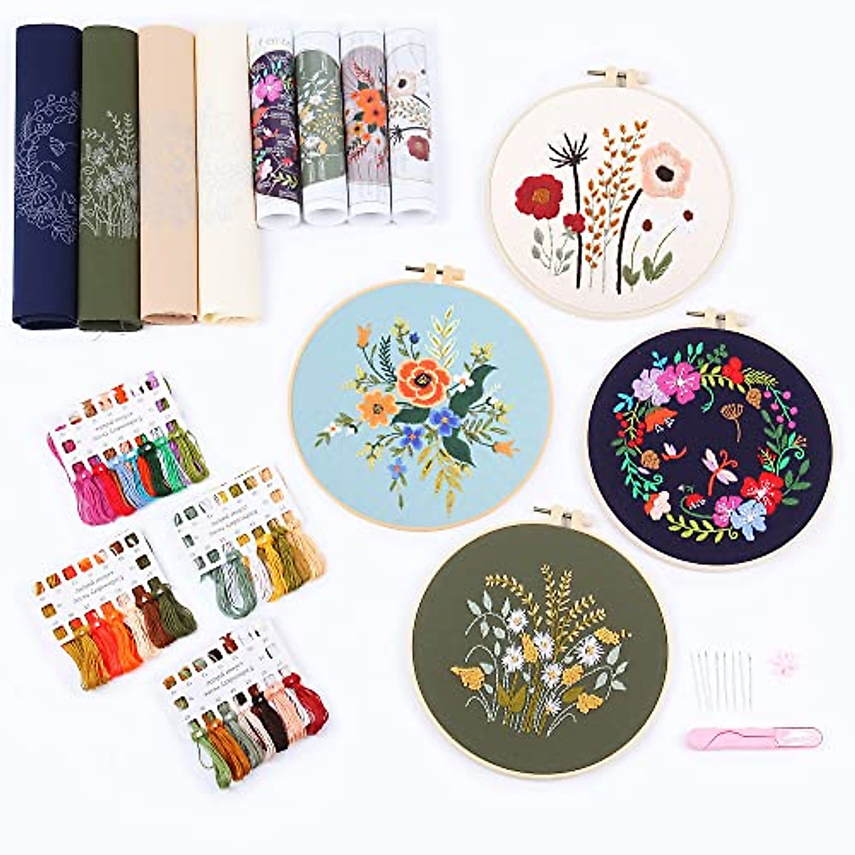 Hand Embroidery Kit for Beginners 4 Pack Embroidery Starter Kit with Pattern and Instructions,4 Plastic Embroidery Hoops,1Scissors,Color Threads and Needles,DIY Adult Cross Stitch Kits