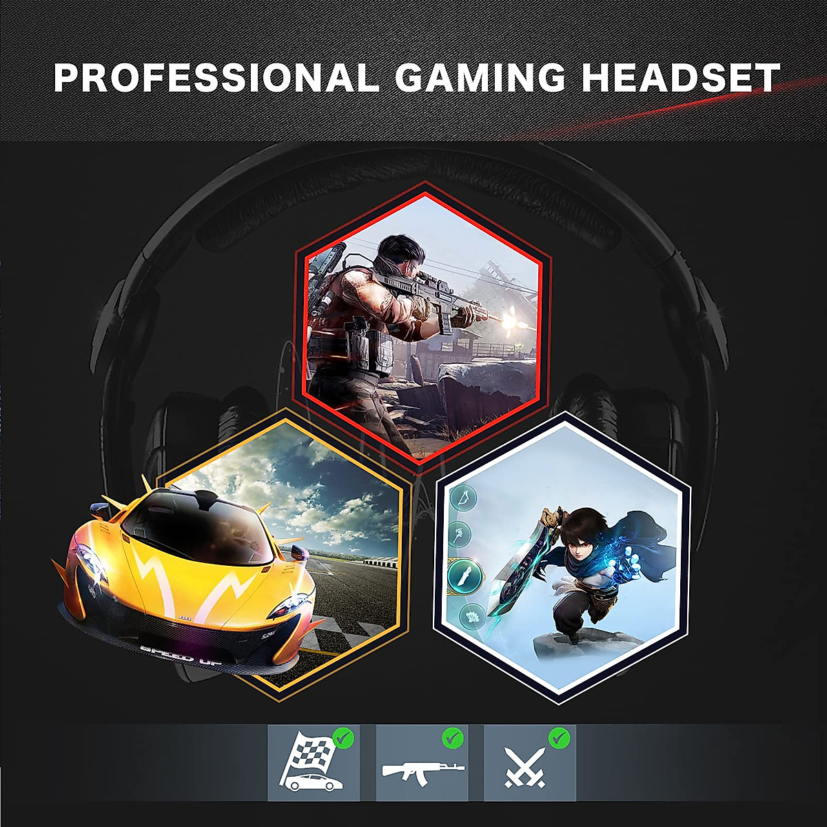 GoldenPlayer Gaming Headset with Microphone for PS5, PS4 Headset with Mic, Xbox One Headset, Gaming Headphones with mic, Wired Headsets for PC Laptop with Stereo Surround Sound & LED Light