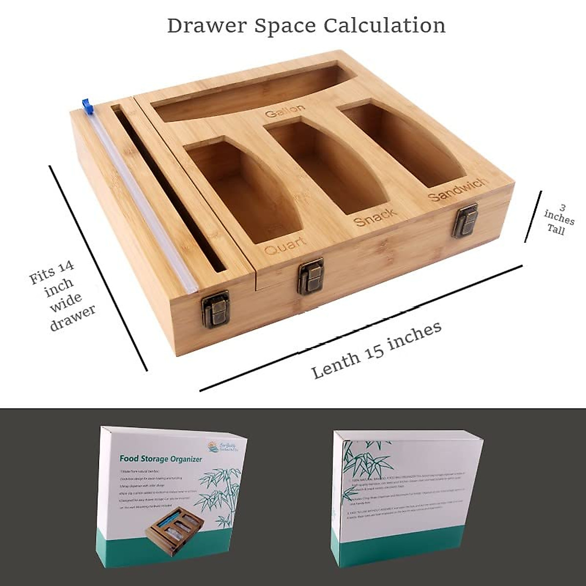 Plastic Bag Storage Organizer Bamboo - 5 in 1 Wrap Dispenser with Cutter, Suitable for Gallon, Quart, Sandwich & Snack Bag, Cling Film, Aluminum Foil etc; Compatible with 12" Kitchen Rolls
