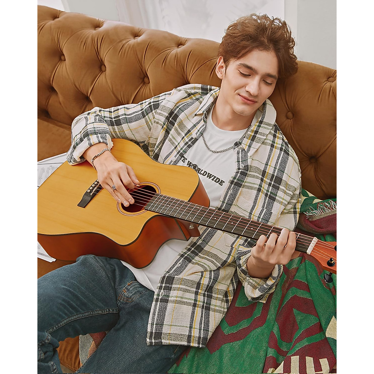 Donner 41” Acoustic Guitar Bundle for Beginners Adults with Online Lesson, 4/4 Full Size Steel Acustica Guitarra with Gig Bag, Tuner, Strap, Strings, Picks, Capos, Cutaway, Natural, DAG-1C/DAD-110C