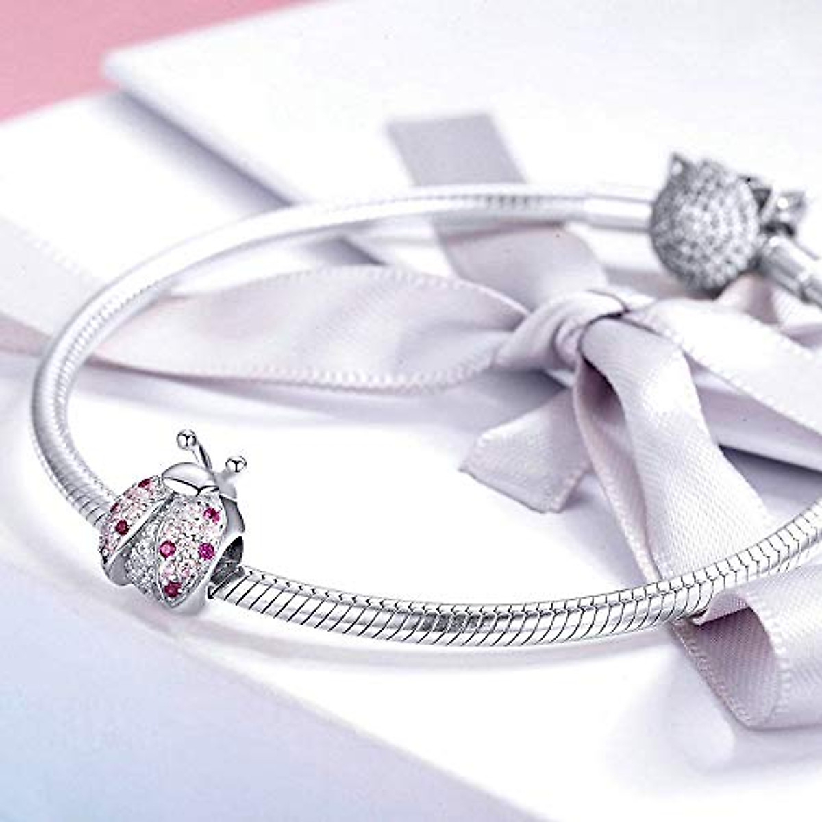 Insect Charm 925 Sterling Silver bee,Butterfly, Dragonfly, Animal Charms Fit on 3mm Pandora Snake Chain Bracelet (Ladybug)