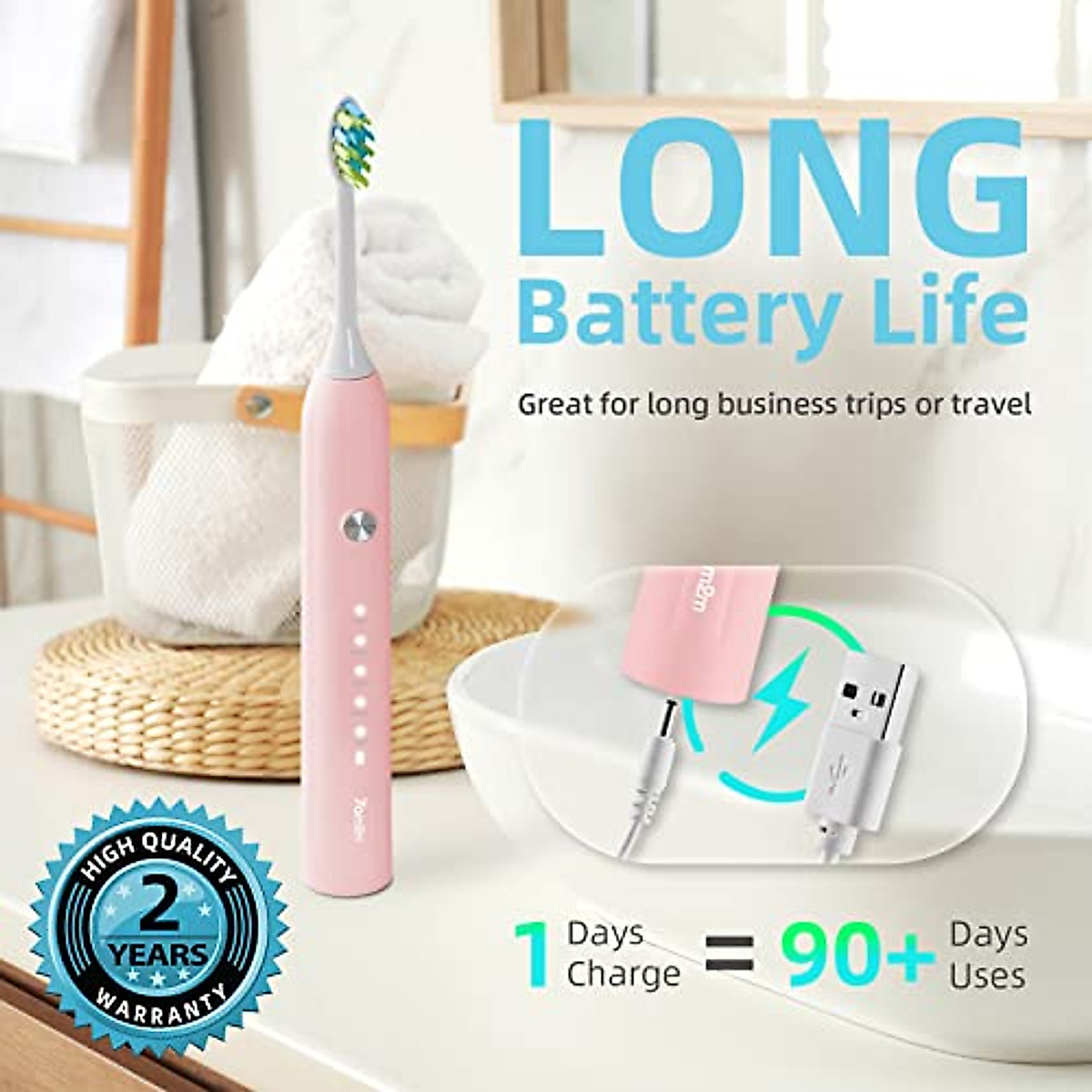 7AM2M Sonic Electric Toothbrush for Adults and Kids, Stocking Stuffers for Adults, with 6 Brush Heads, 5 Modes with 2 Minutes Build in Smart Timer, Roman Column Handle Design (Pink)