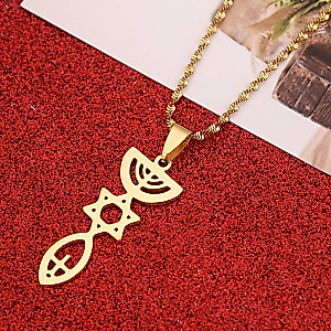 Messianic Necklace Jewish Holy Land Menorah Hexagram Israel Jewelry Mogen David Hanukiah Chanukkiyah (Gold Color)