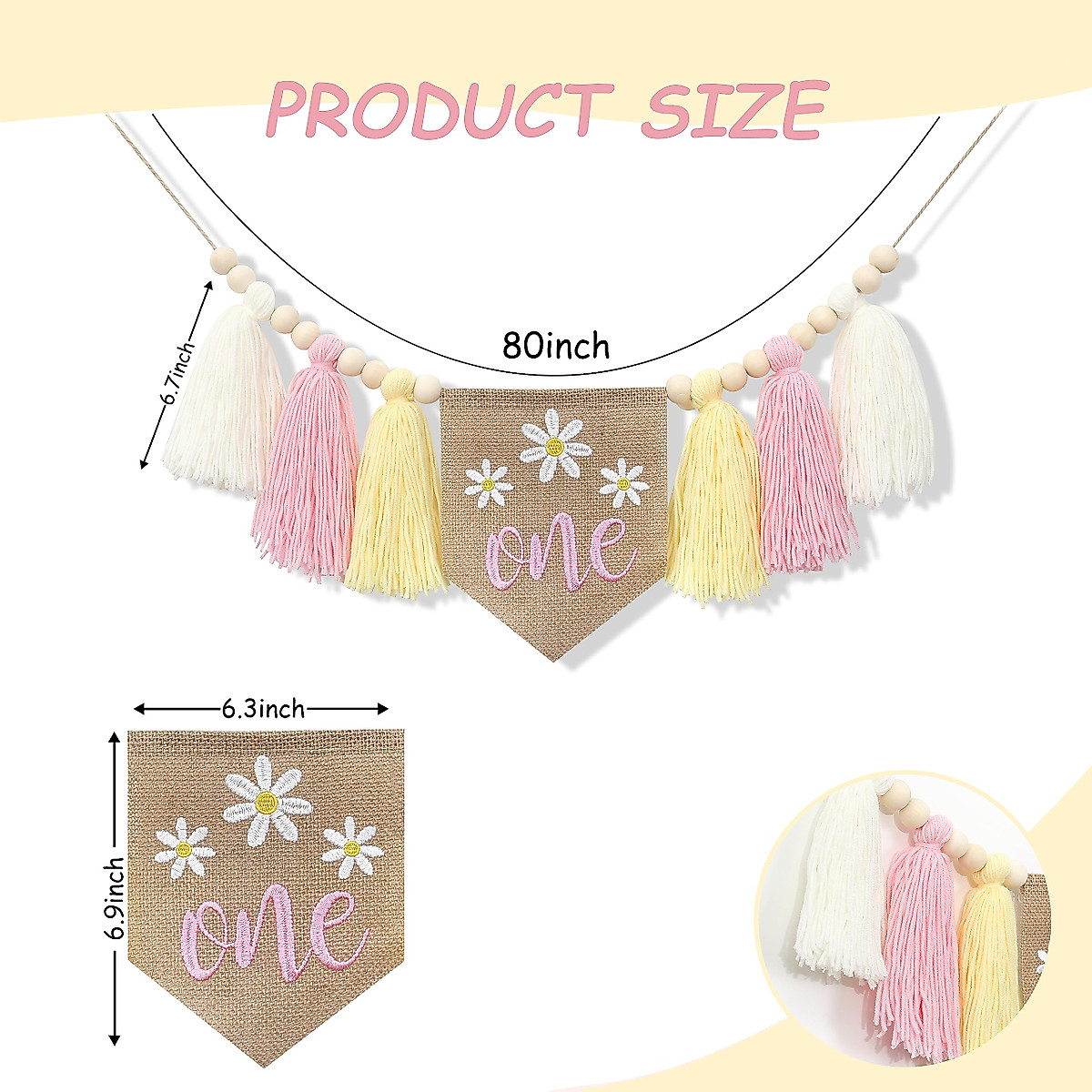 HGFC Daisy Tassel High Chair Banner - Wood Bead Tassel 1st Birthday Banner - Daisy Theme First Birthday Party Decoration - 1st Birthday Baby Girls Tassel Garland